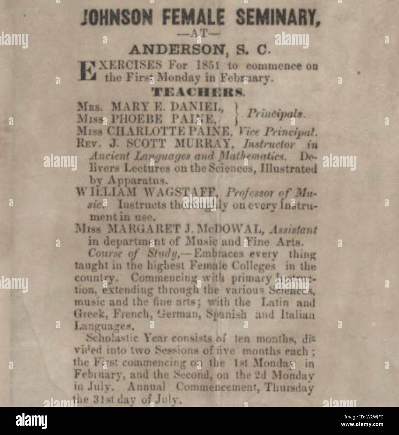 Johnson Female Seminary Pamphlet (1851 Stock Photo - Alamy