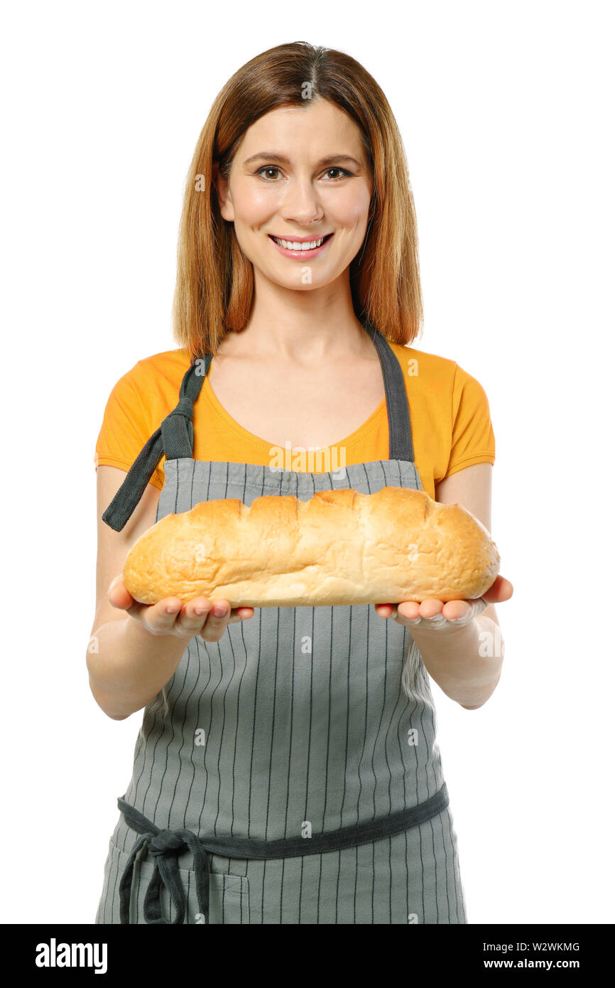 Female baker with bread on white background Stock Photo - Alamy