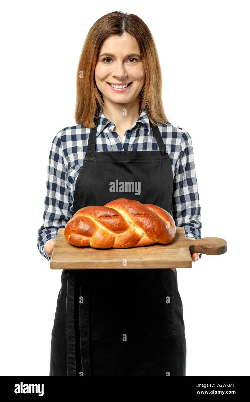 Female baker with pastry on white background Stock Photo - Alamy