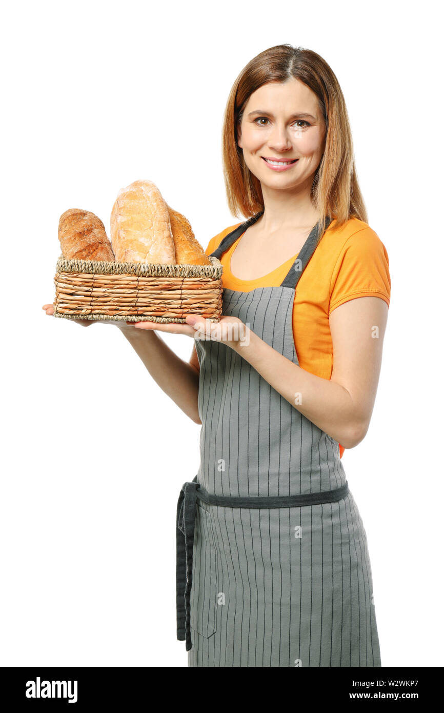 Female baker with bread on white background Stock Photo - Alamy