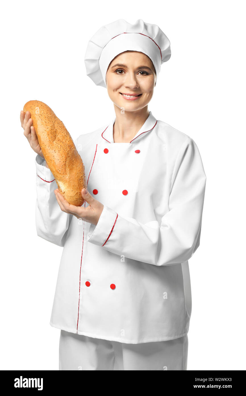 Female baker with bread on white background Stock Photo - Alamy