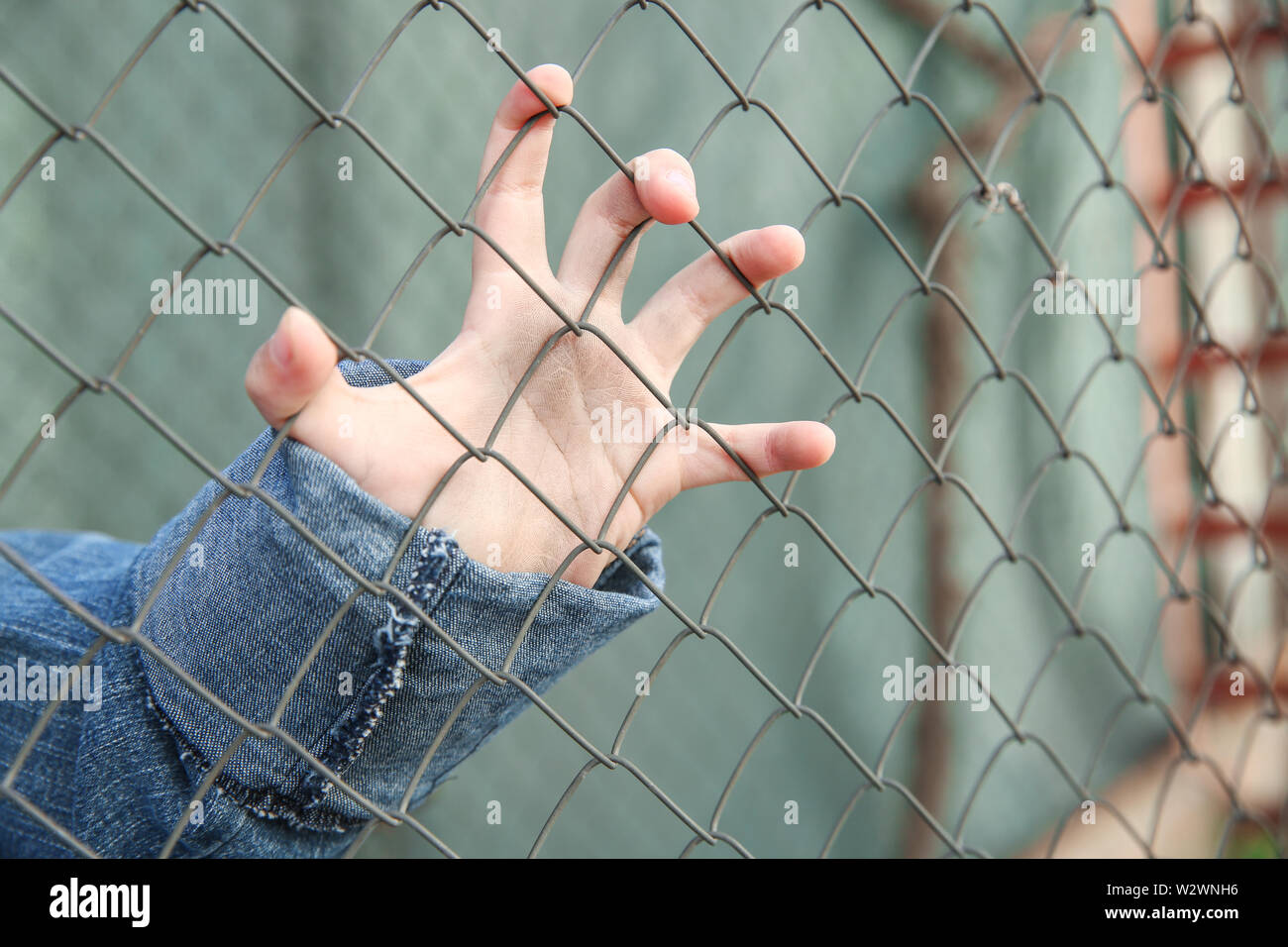Hand of homeless little girl behind mesh outdoors Stock Photo - Alamy