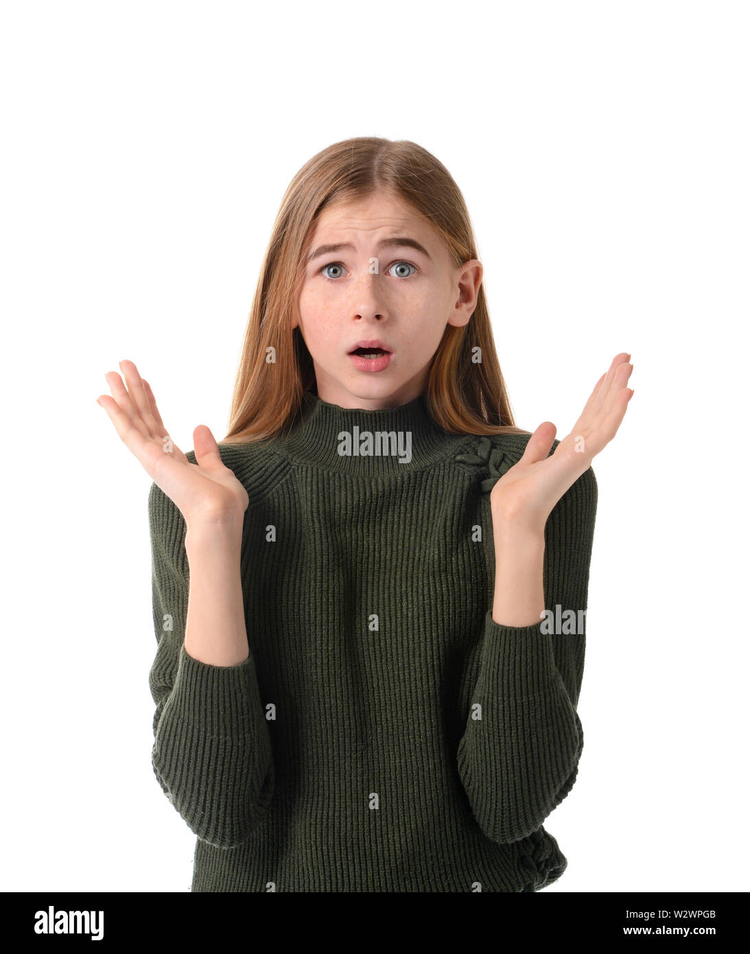 Afraid teenage girl on white background Stock Photo - Alamy