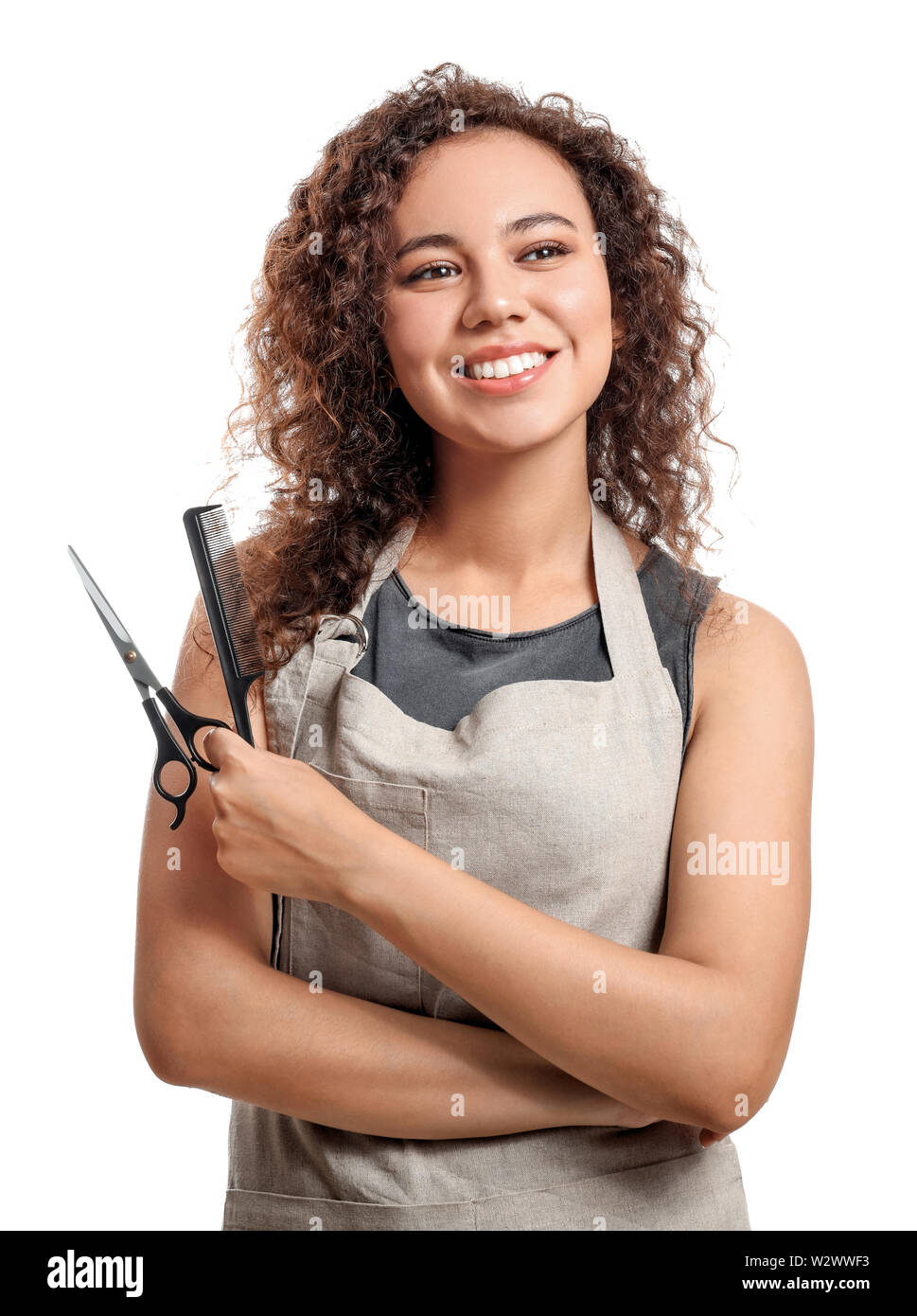 Beautiful African-American hairdresser on white background Stock Photo ...