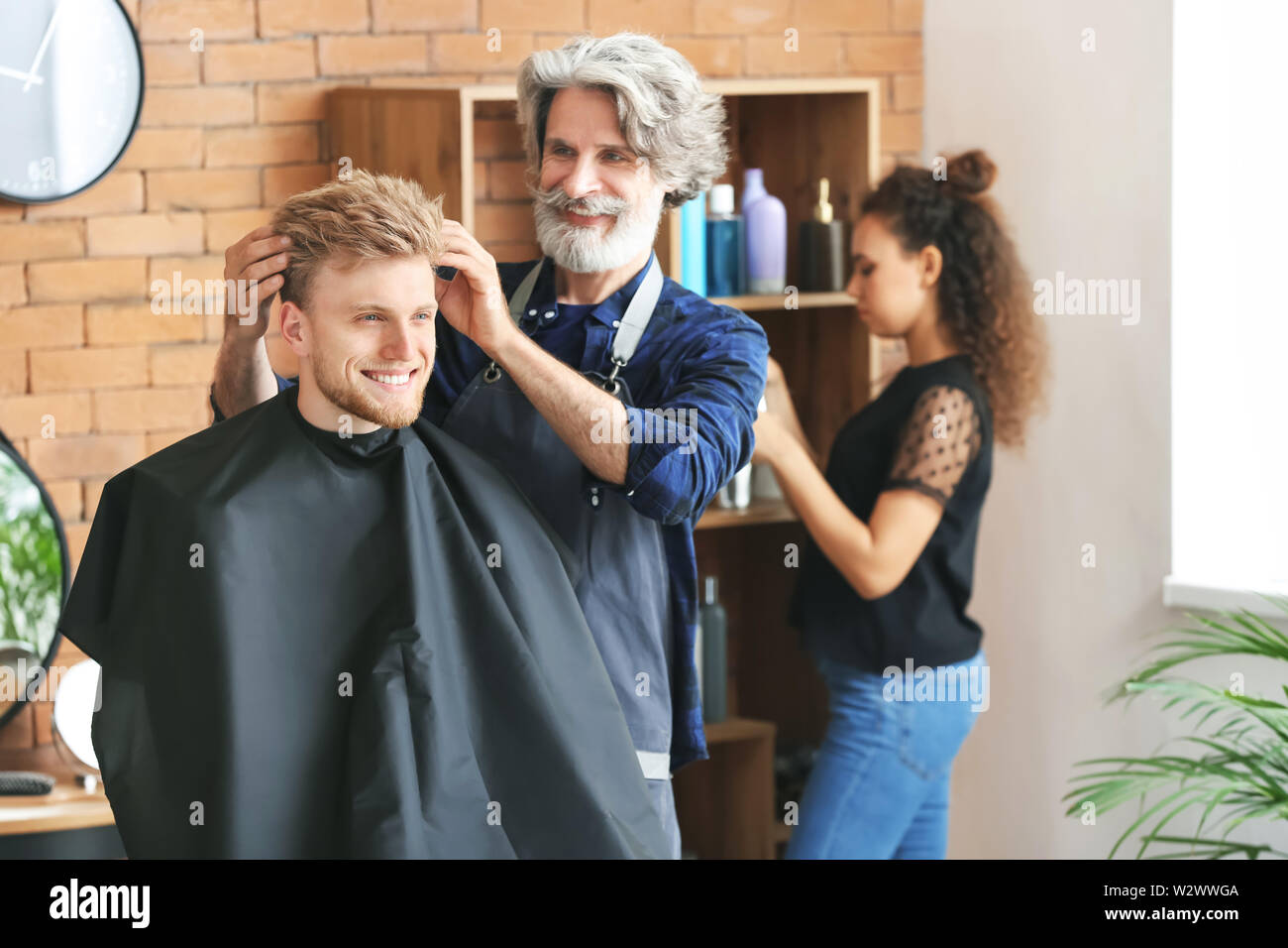 Professional hairdresser working with client in beauty salon Stock ...