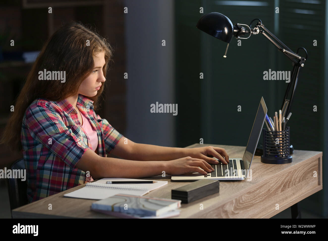 Teenage girl doing homework late in evening Stock Photo - Alamy