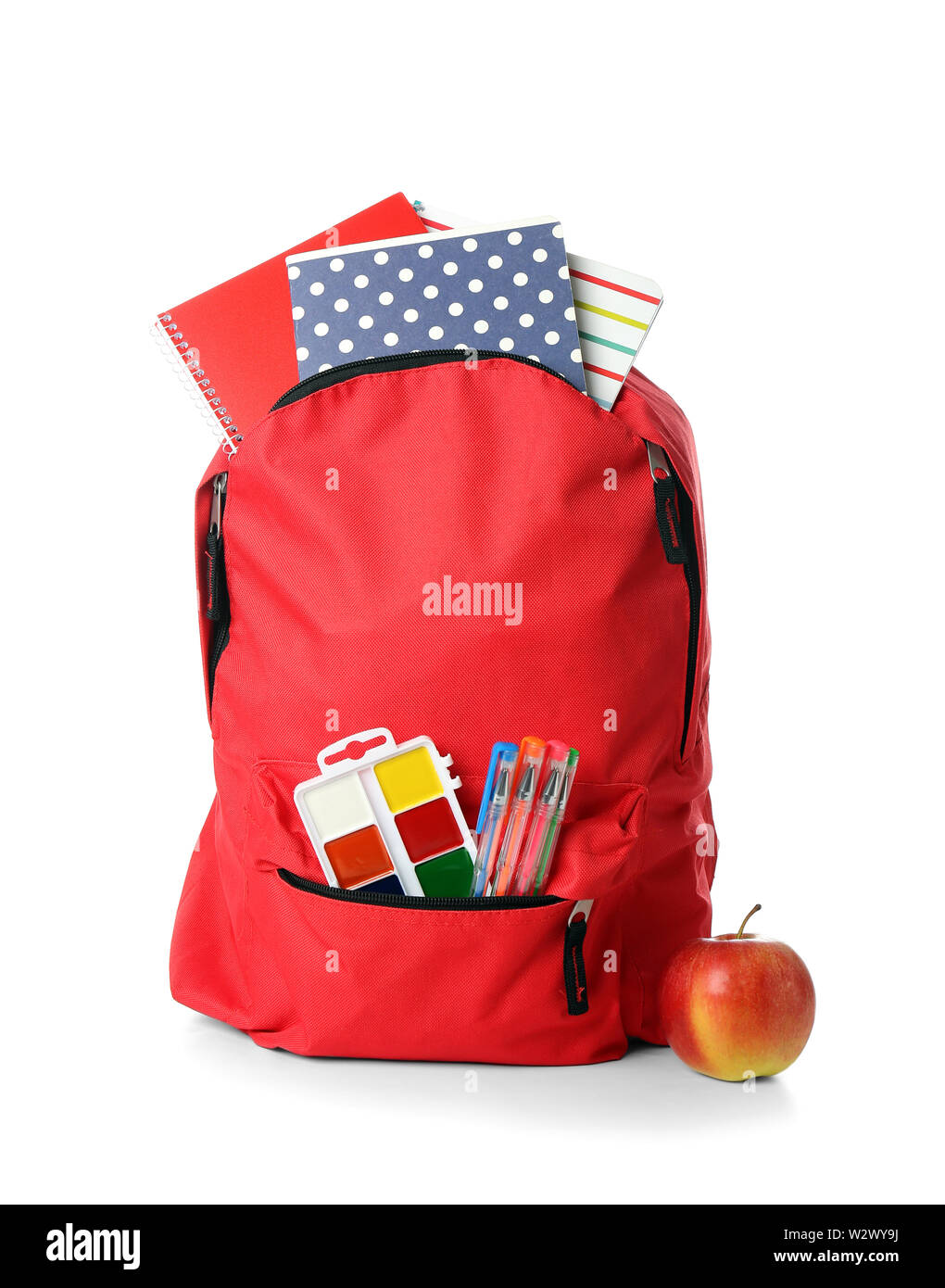 School backpack with stationery on white background Stock Photo - Alamy