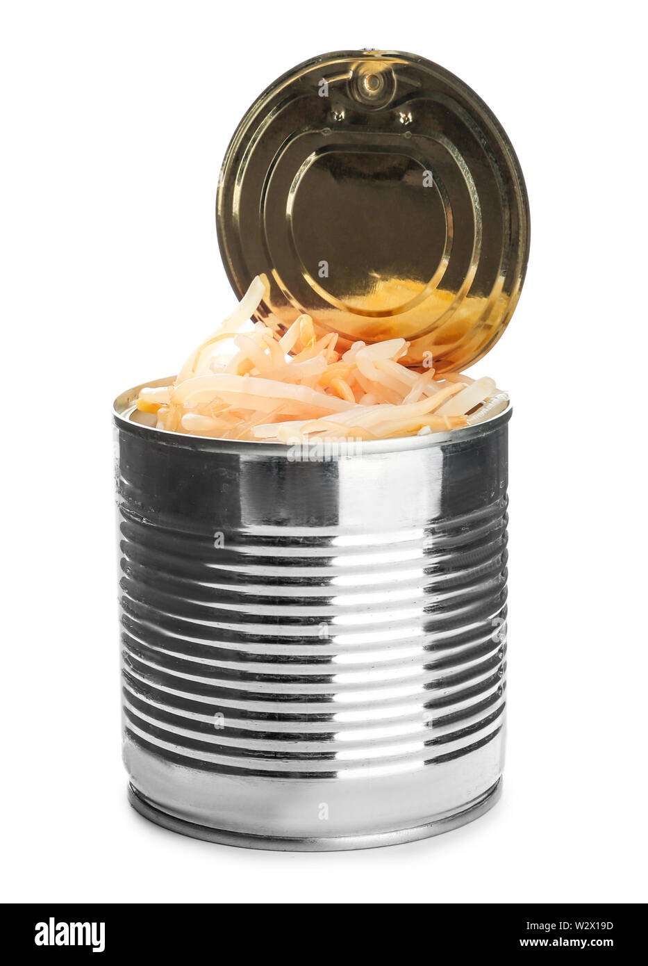 Tin can with marinated sprouts on white background Stock Photo - Alamy