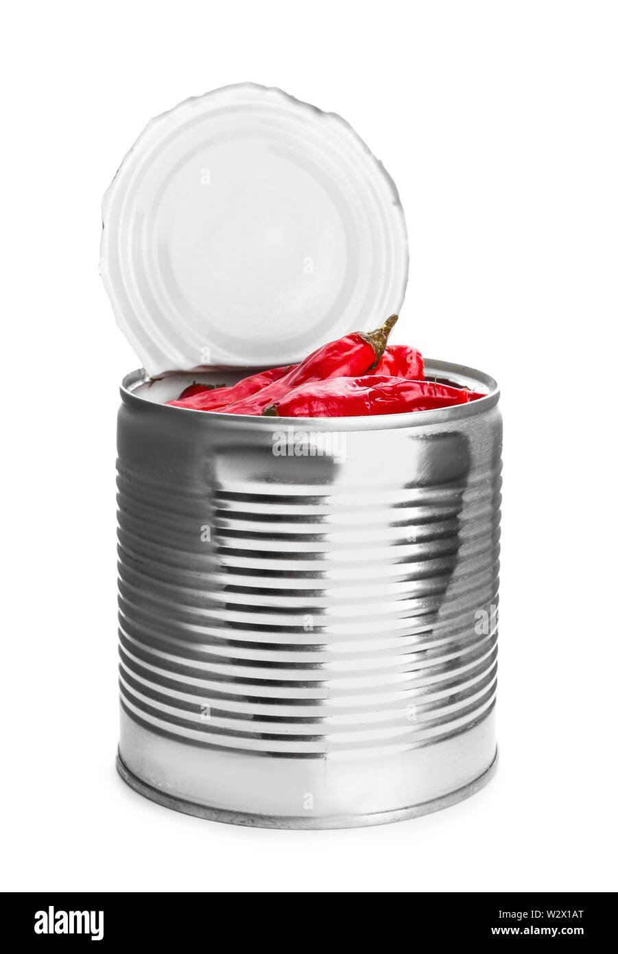 Tin can with chili pepper on white background Stock Photo - Alamy