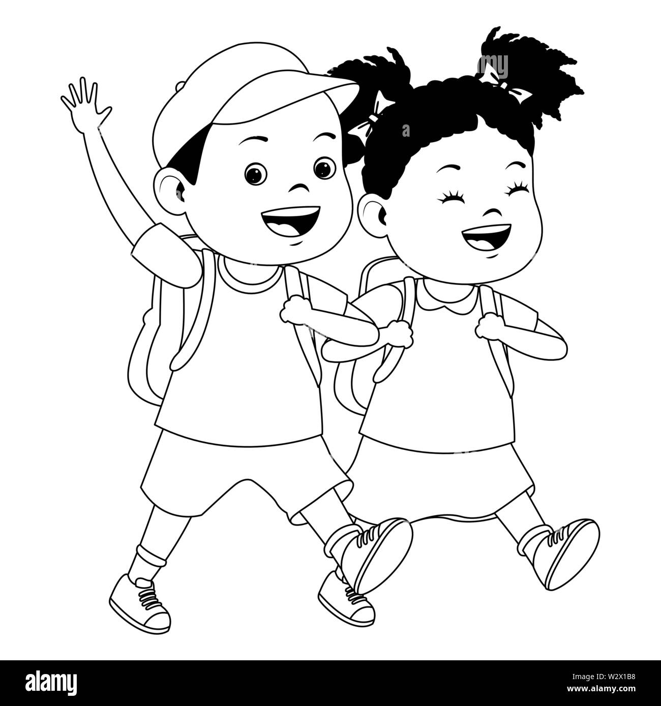 School kids smiling with backpacks in black and white Stock Vector ...