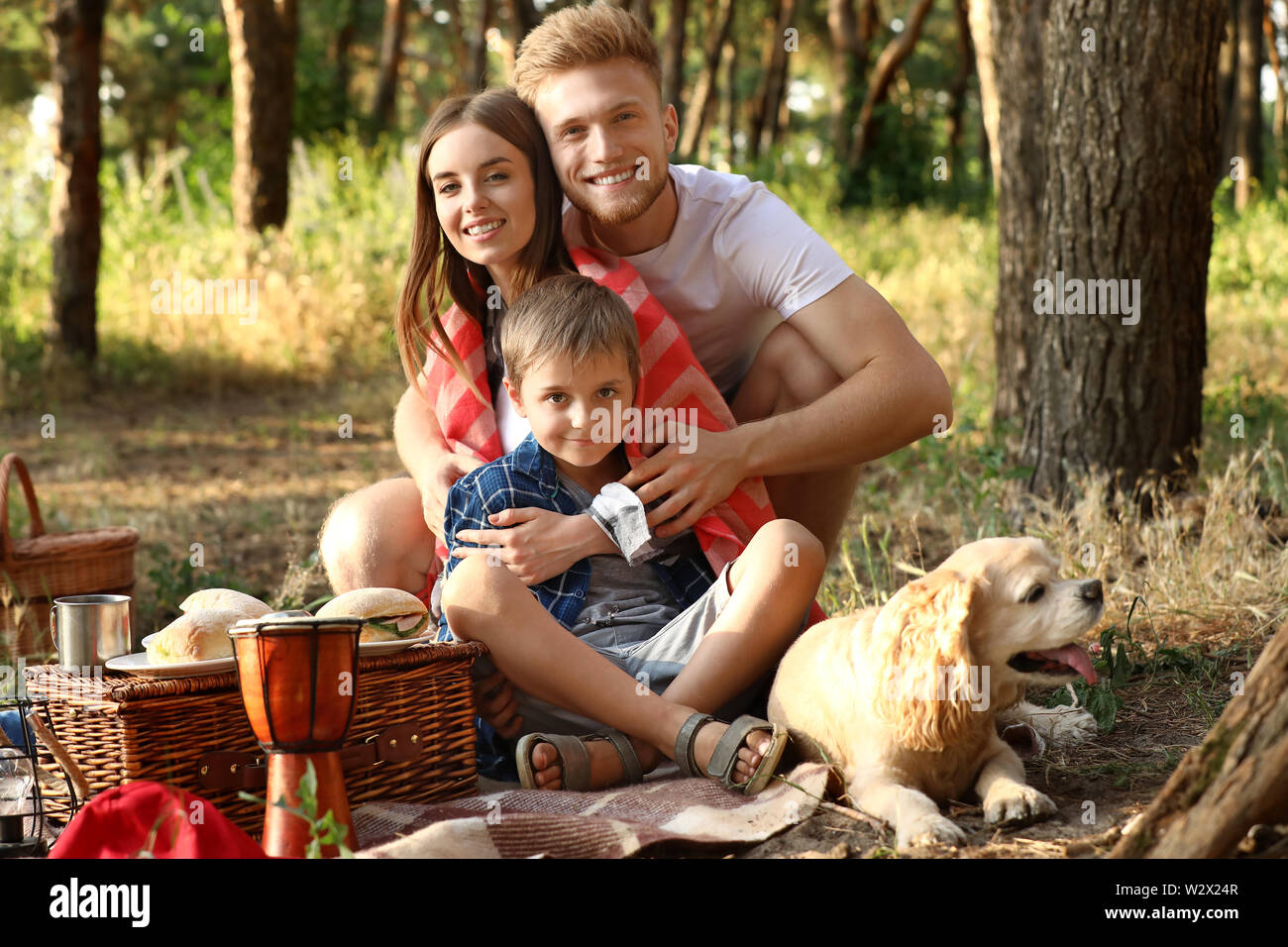 Happy family spending weekend in forest Stock Photo - Alamy