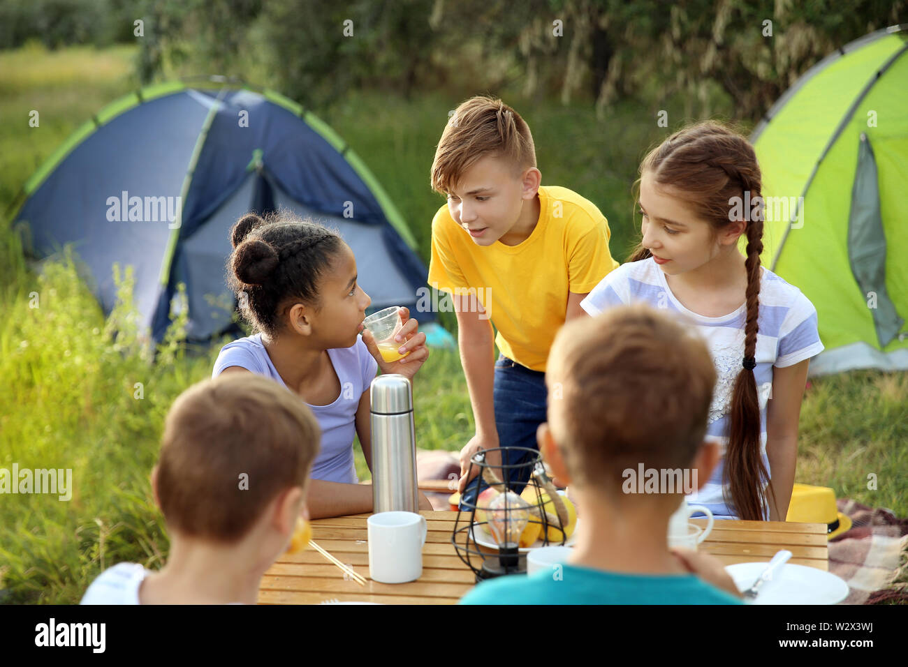 Group of children having picnic on summer day Stock Photo - Alamy