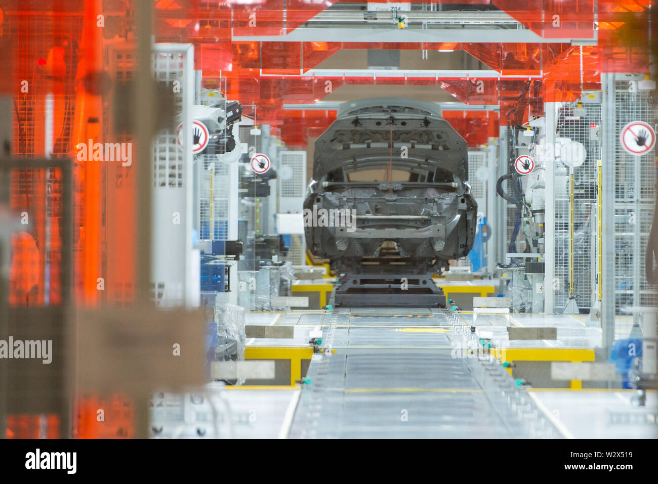 Hoce, Slovenia. 10th July, 2019. A Jaguar E-Space X540 body is prepared ...