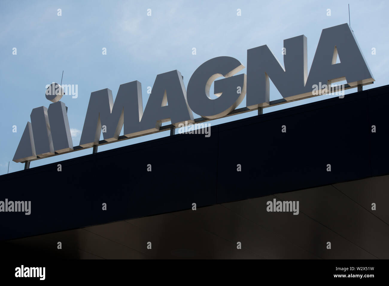 Hoce, Slovenia. 10th July, 2019. Magna Steyr company logo is pictured ...