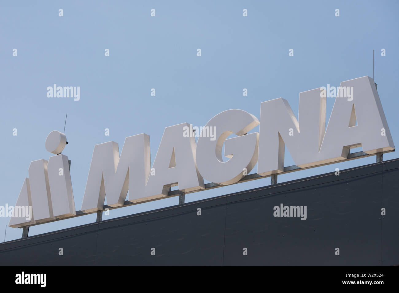 Hoce, Slovenia. 10th July, 2019. Magna Steyr company logo is pictured ...