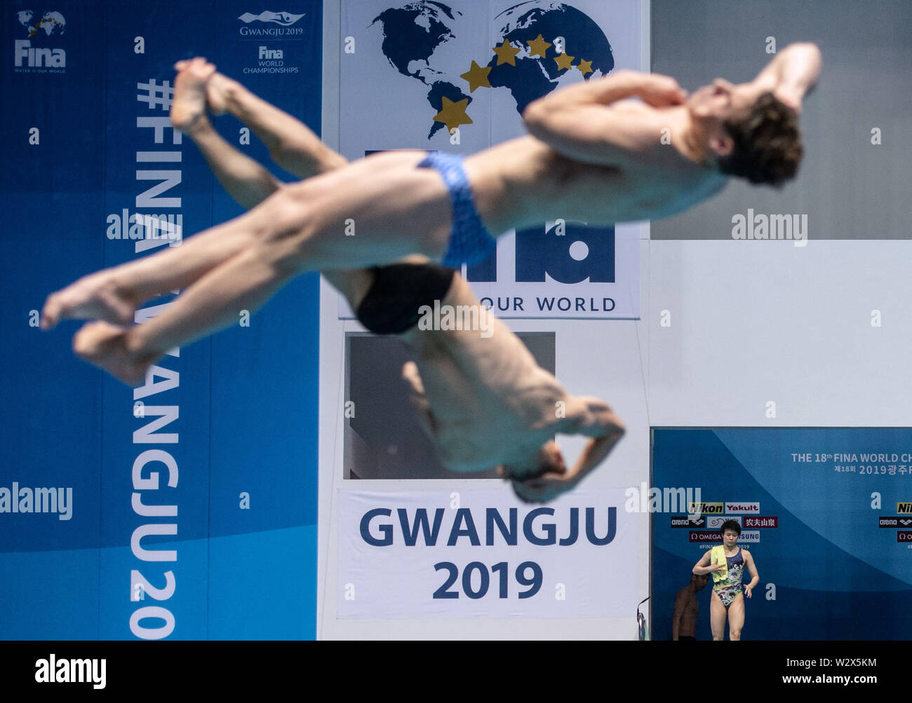 Gwangju, South Korea. 11th July, 2019. Water jumpers train at the World ...