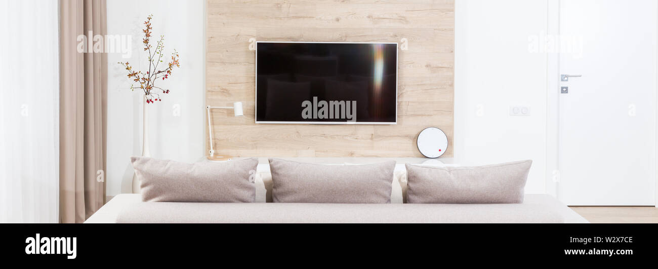 Panoramic picture of a spacious living room full of light Stock Photo ...