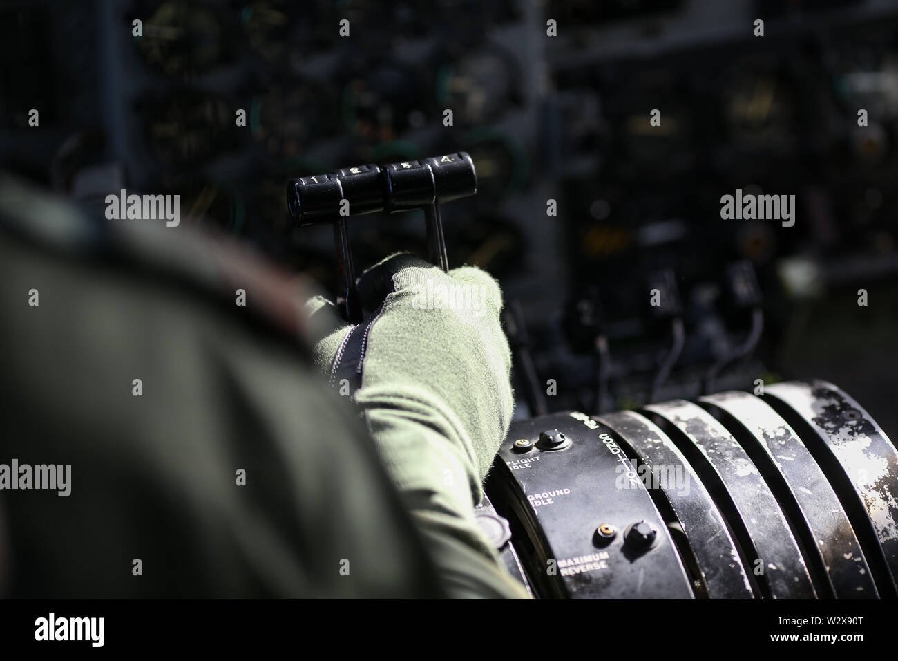 Details with the thrust lever on a military cargo airplane Stock Photo ...