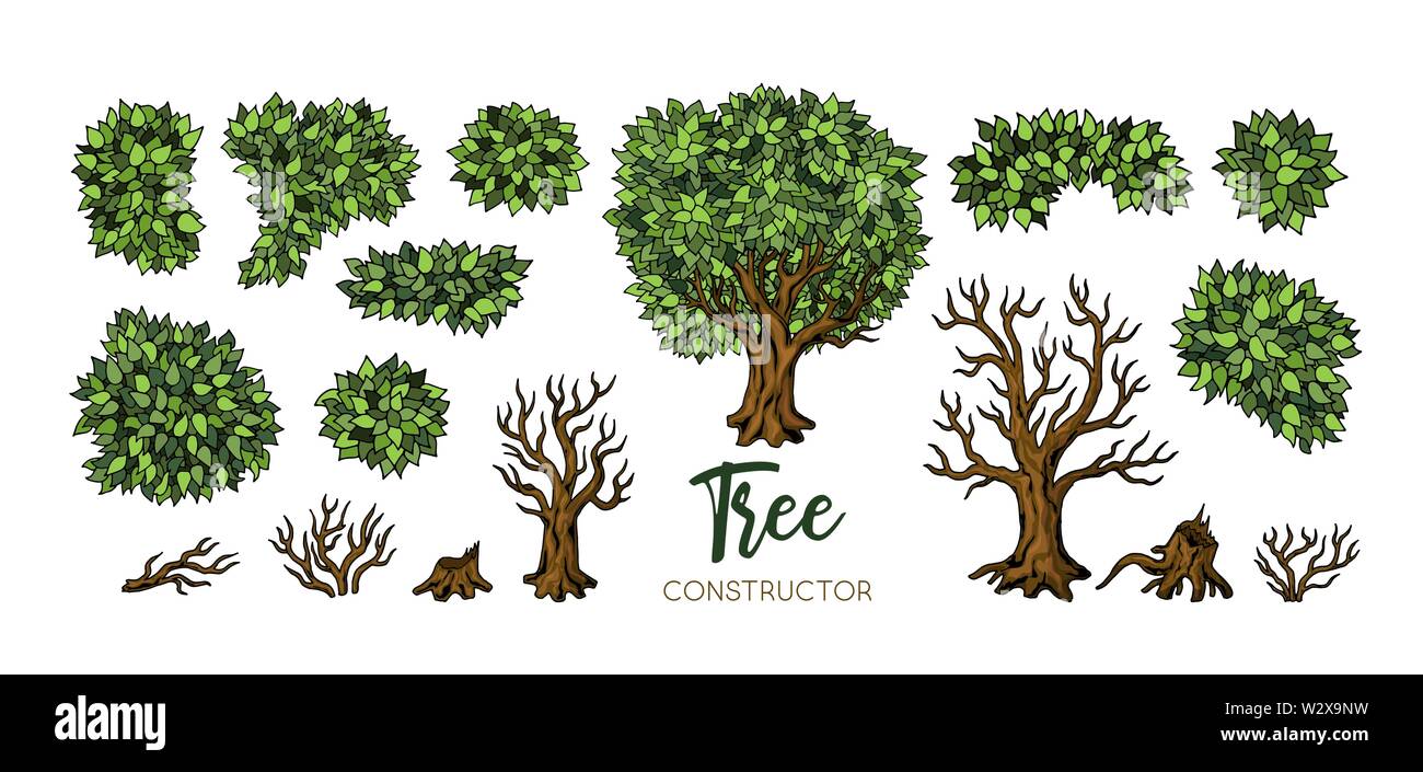 Landscape trees constructor set. Trees, leaves and branches elements ...