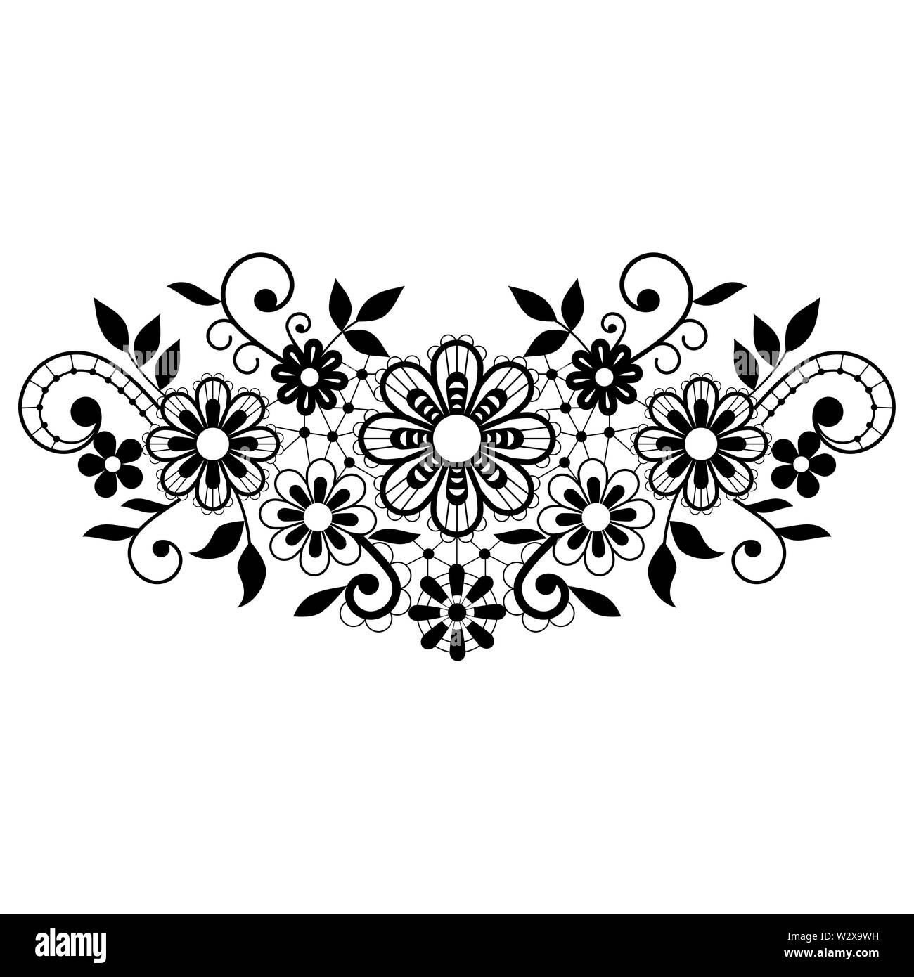 Retro black lace vector single design, ornamental pattern with flowers ...