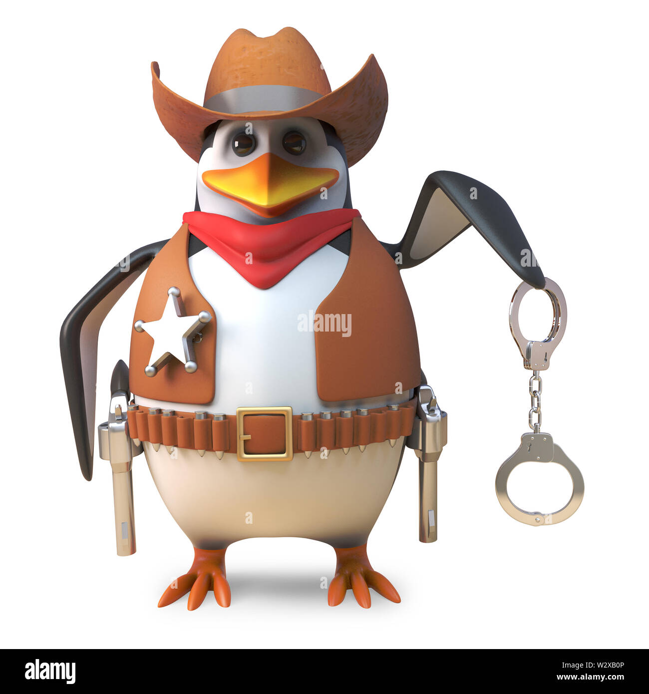 Honest sheriff penguin the brave lawman cowboy holds out his handcuffs ...