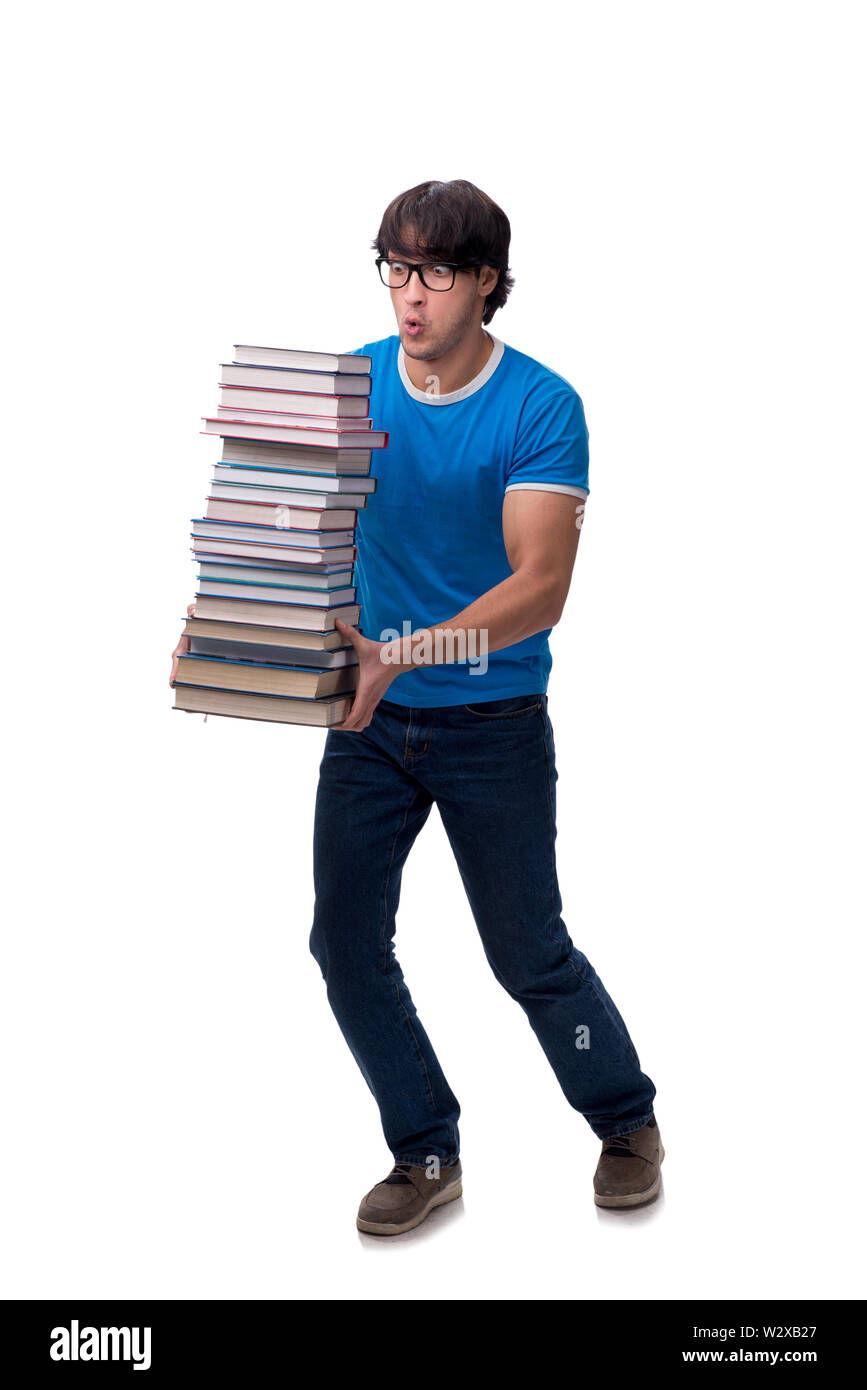 The male student with many books isolated on white Stock Photo - Alamy