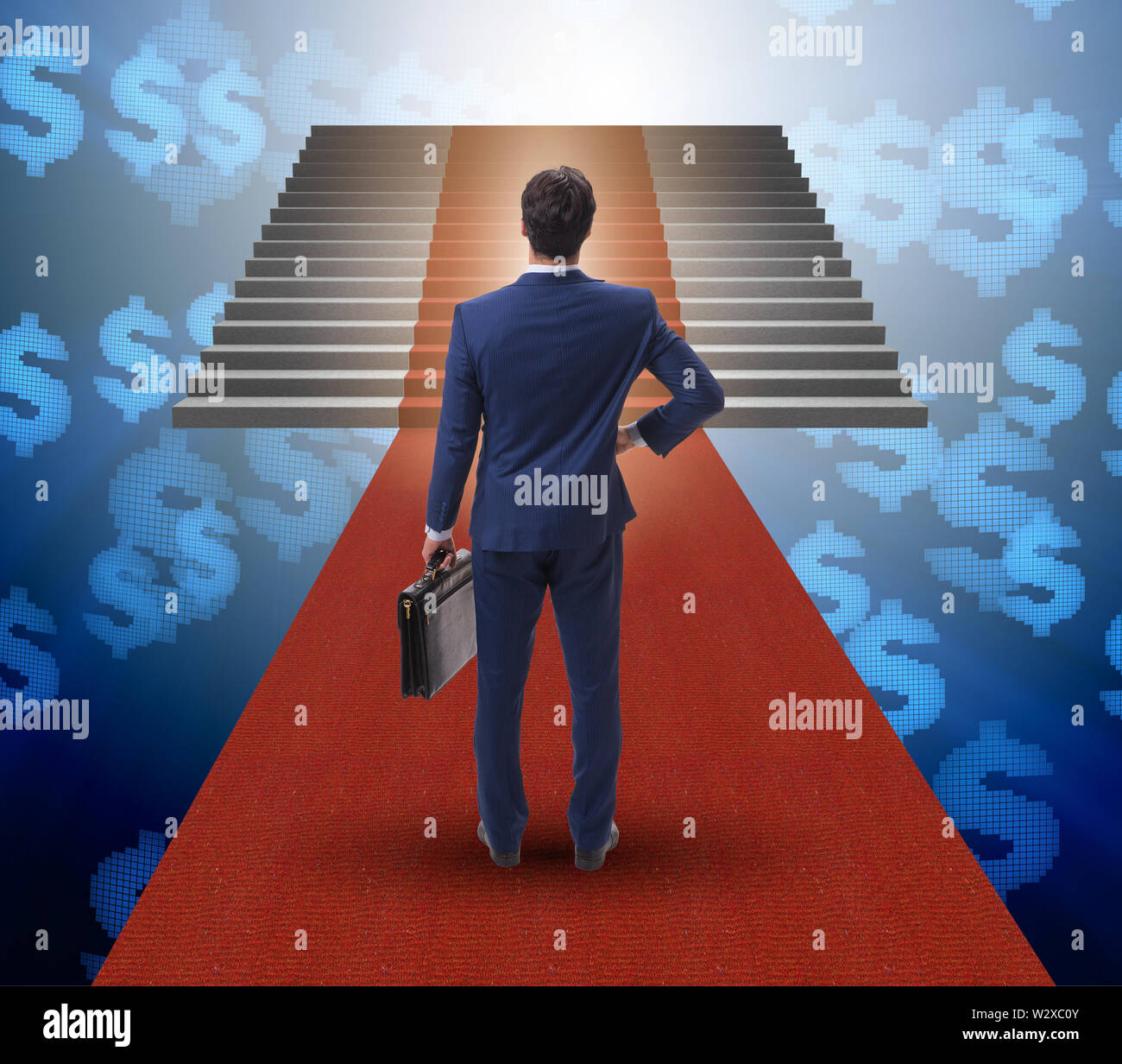 The young businessman climbing stairs and red carpet Stock Photo - Alamy