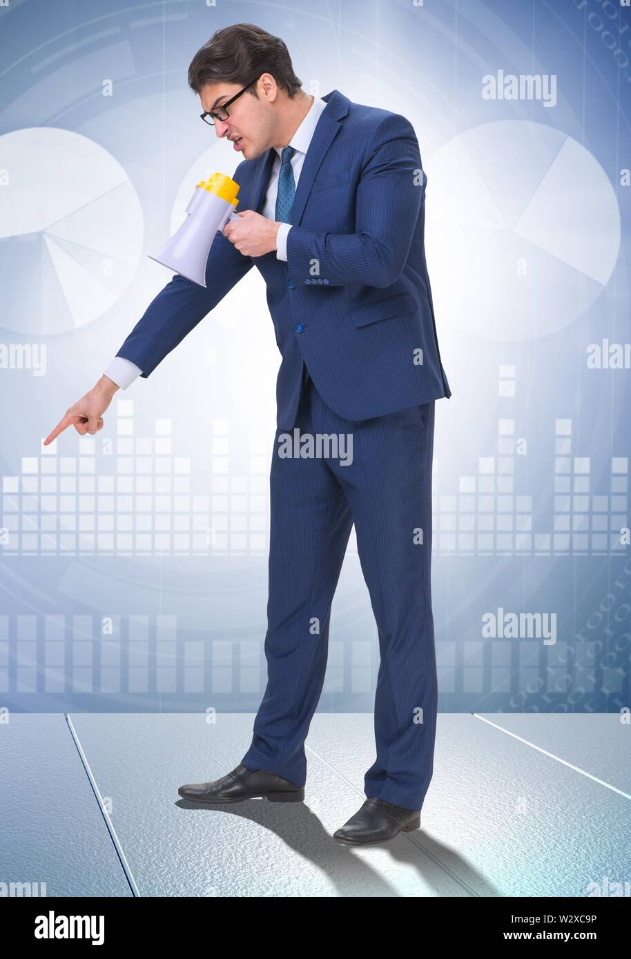 The bad angry boss shouting at employee with loudspeaker Stock Photo ...