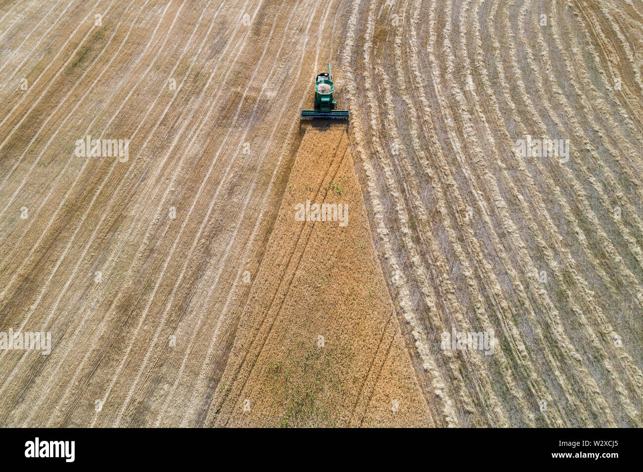 Aerial shot of a combine harvesting triangle peice of crop field on a ...