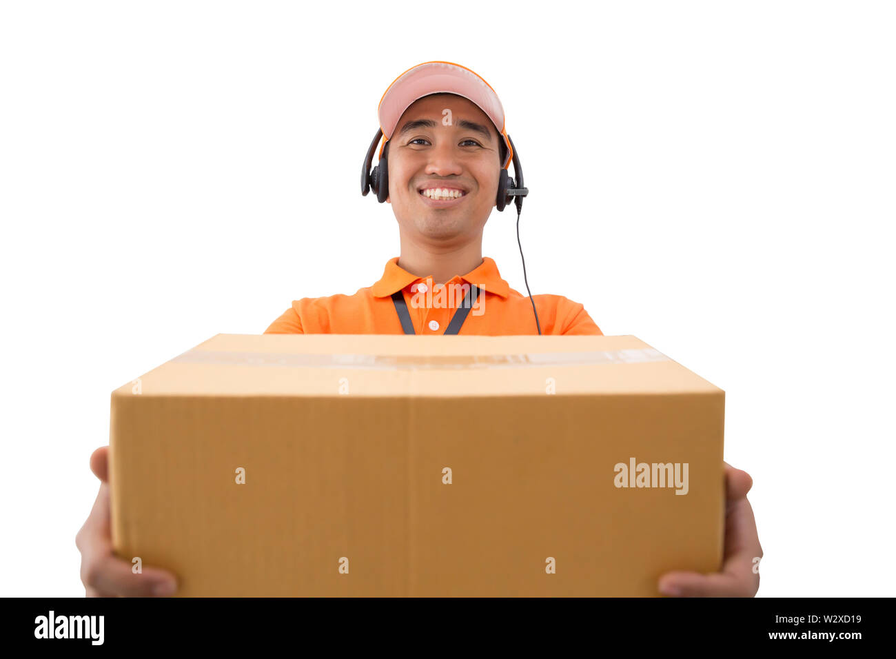 Asian deliveryman holding parcel box isolated on white background Stock ...
