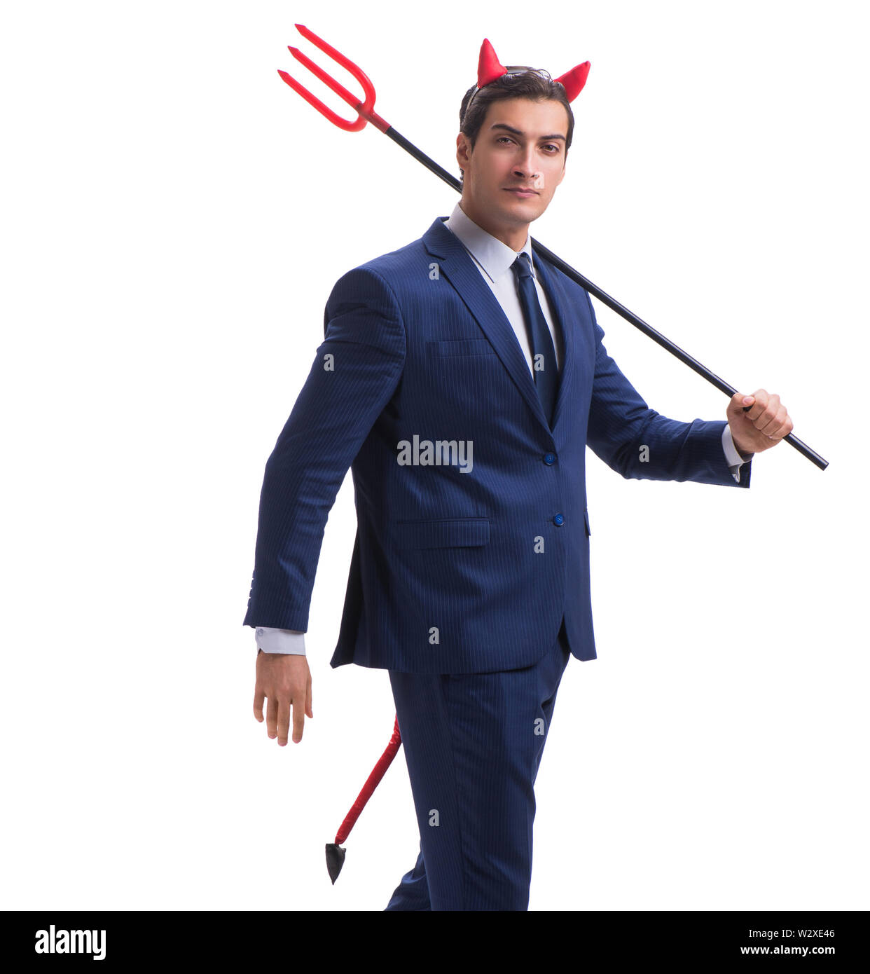 Evil devil businessman with pitchfork isolated on white background ...