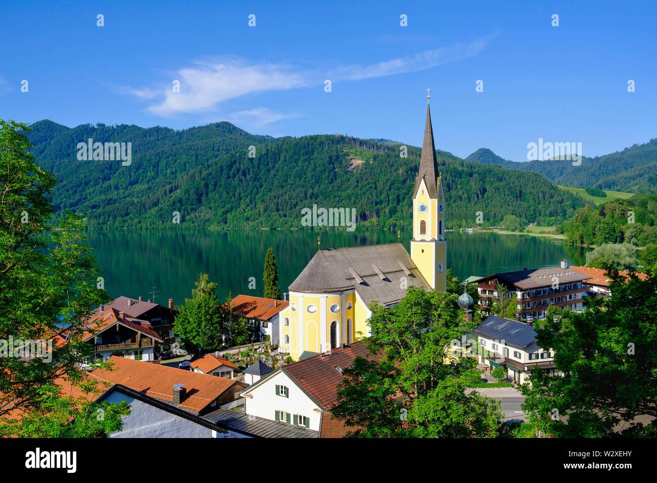 Church St. Sixtus with Lake Schliersee, view from the vineyard, village ...