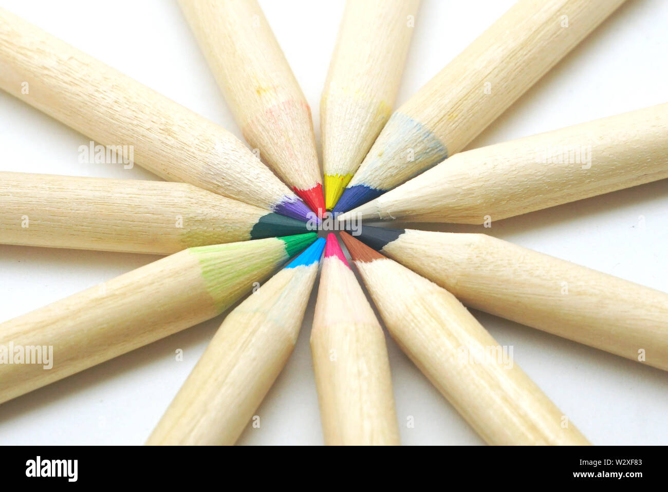 Group of mix pencil colors point sharp to center on white background ...