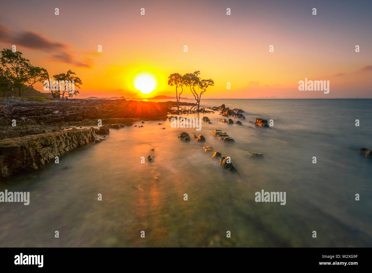 golden light at sunset on the rock beach Stock Photo - Alamy