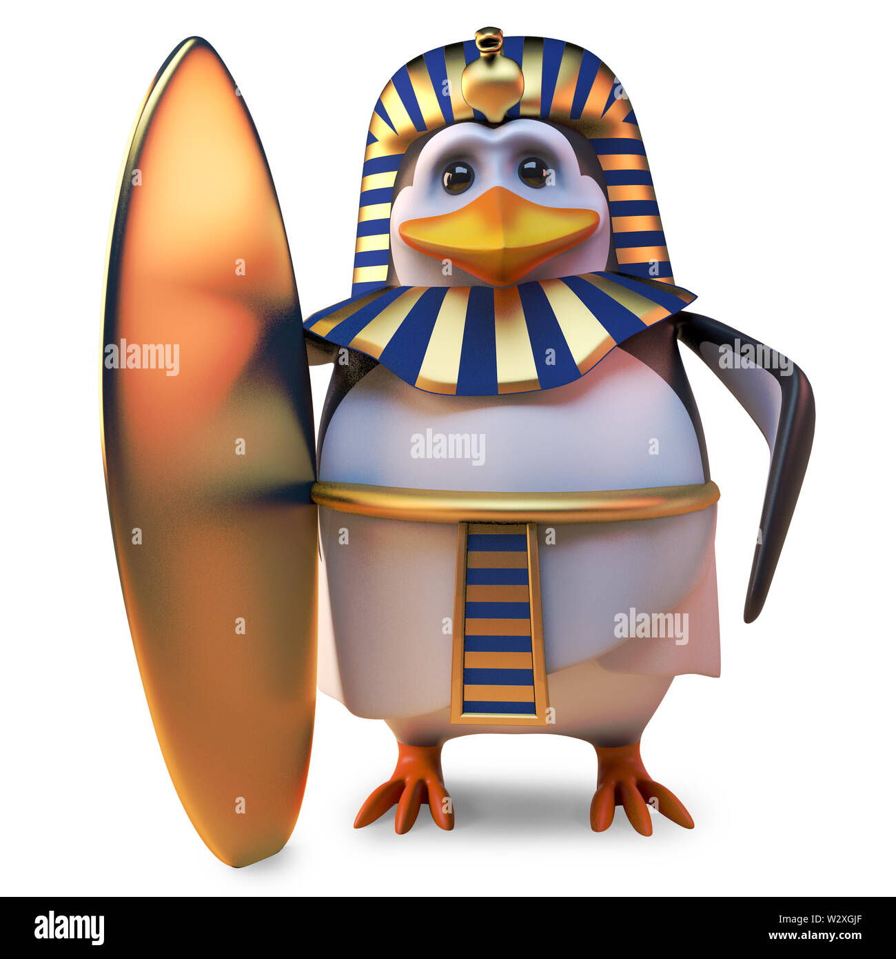 Noble penguin pharaoh Tutankhamun holding the latest in gold surfboards ...