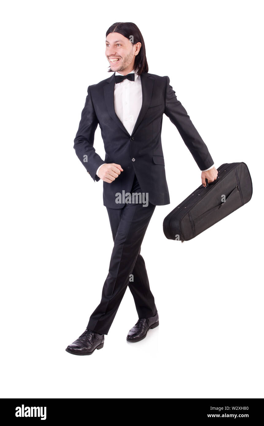 Man with violin case isolated on white Stock Photo - Alamy