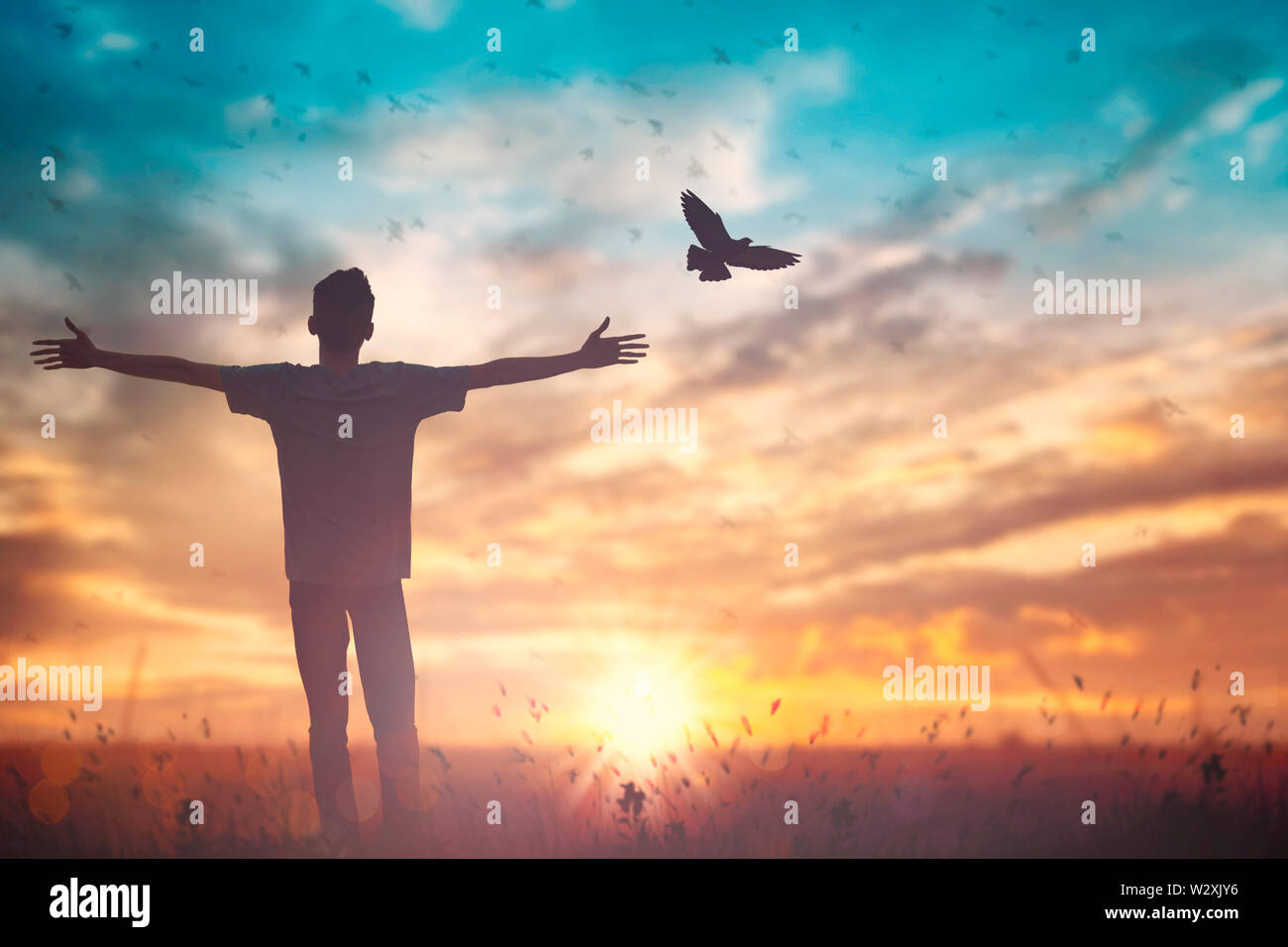 Happy man rise hand on morning view. Christian inspire praise God on ...