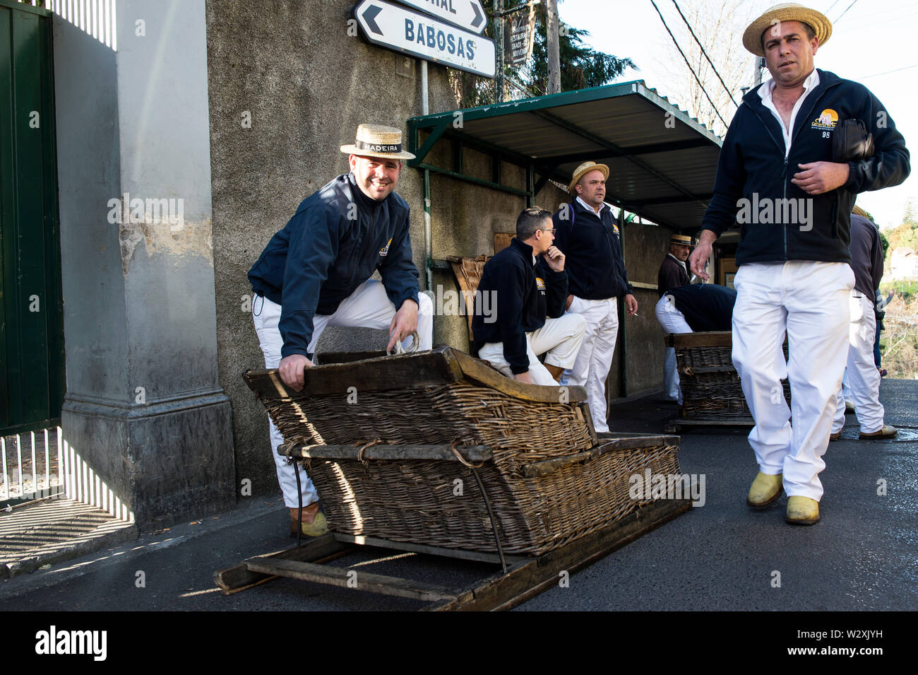 Portugal, Madeira Island, Funchal, Monte, traditional Toboggan riders ...