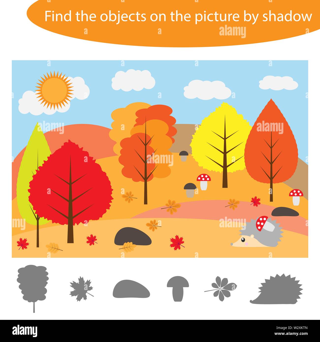 Find the objects by shadow, game with autumn forest for children in ...