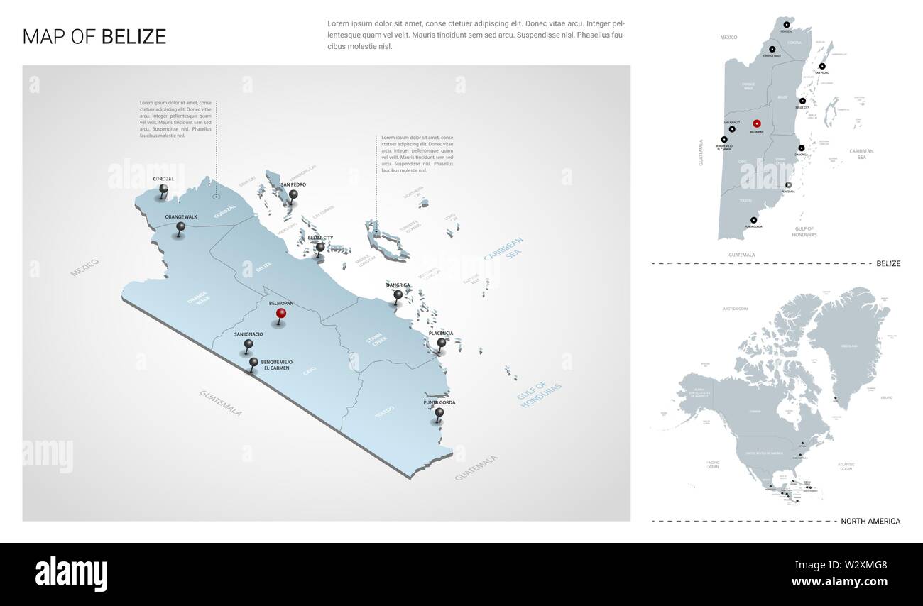 Vector set of Belize country. Isometric 3d map, Belize map, North ...