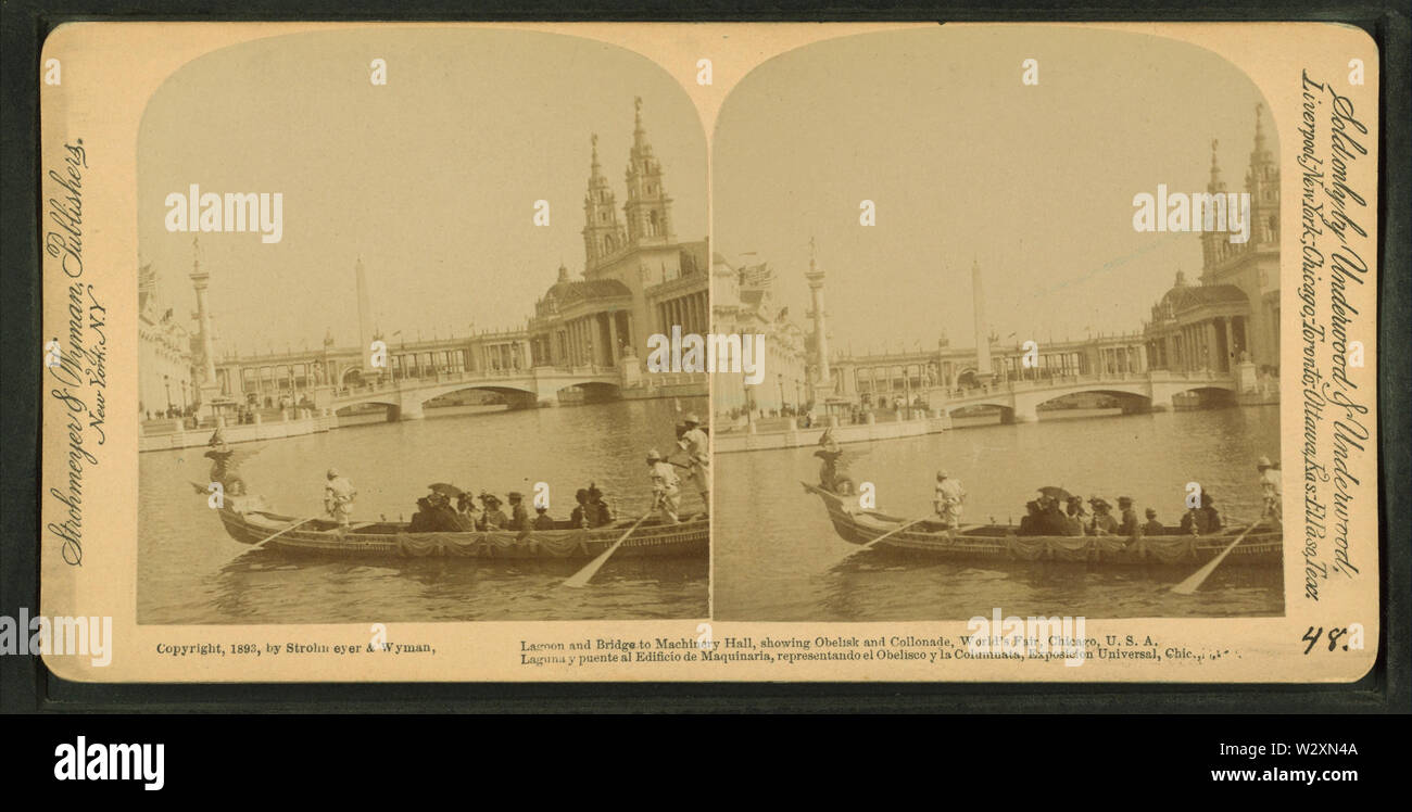 Lagoon and bridge to Machinery Hall, showing Obelisk and Collonade ...
