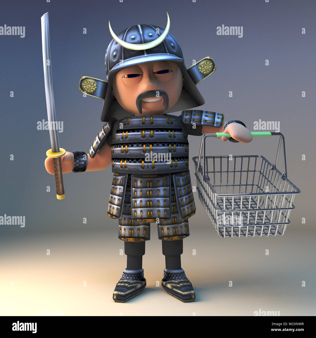 Noble Japanese samurai warrior with katana sword goes shopping with his ...
