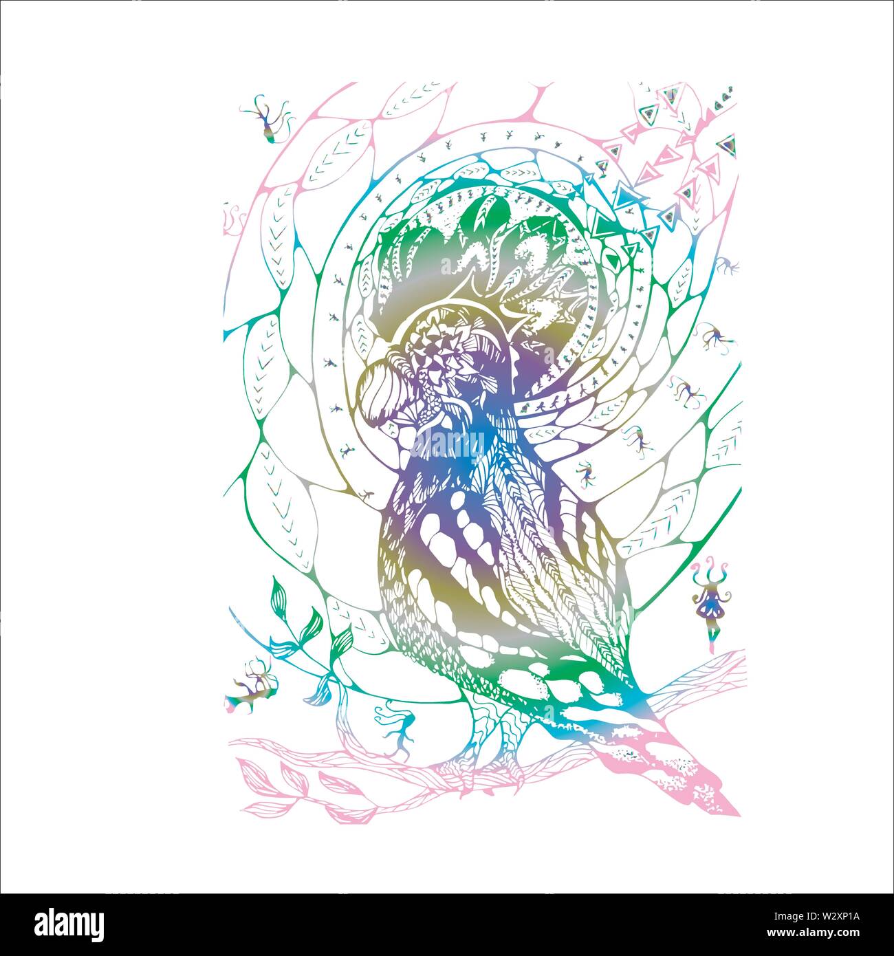Color illustration with abstract pattern, psychedelic bird and ...