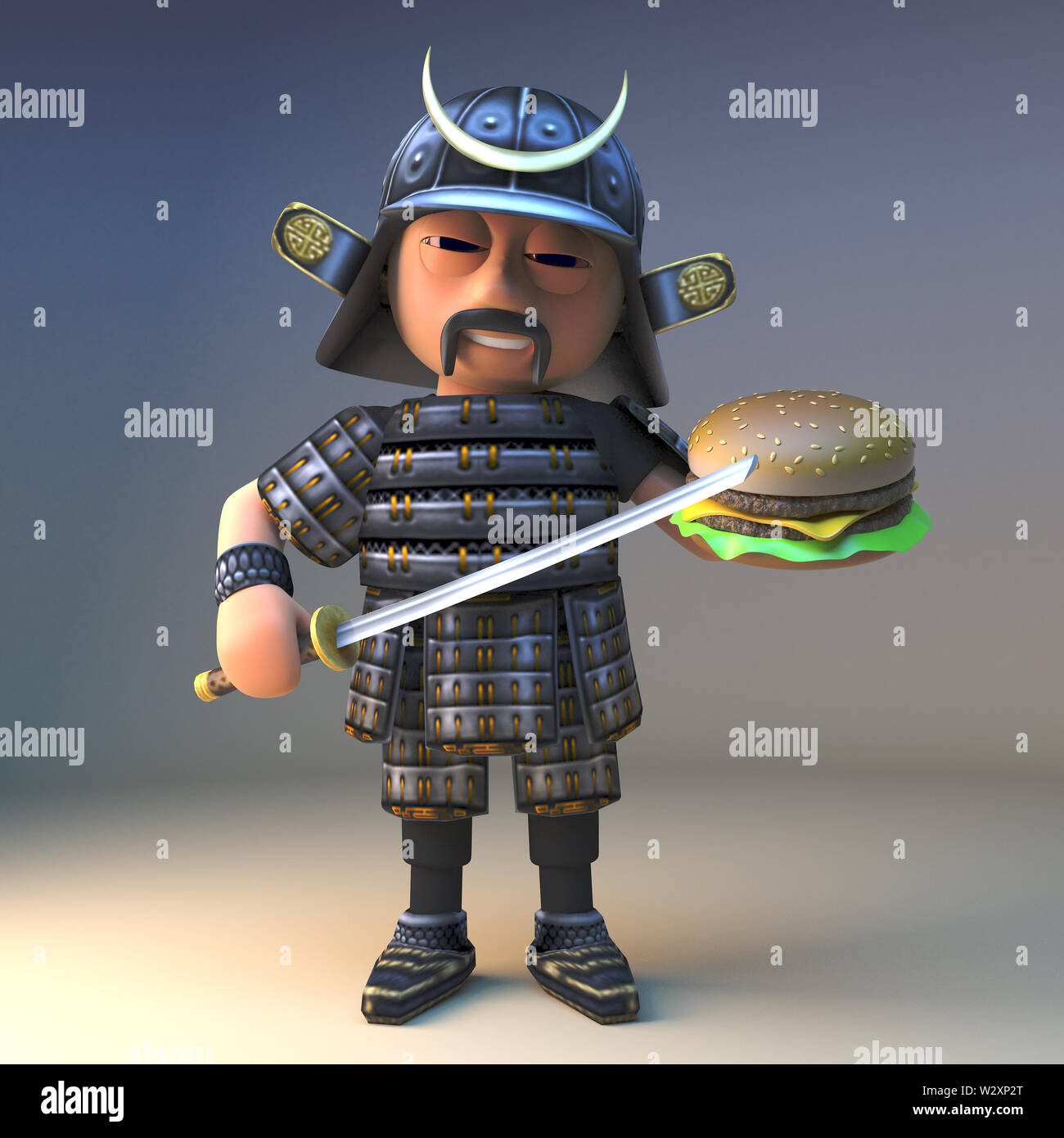 Hungry Japanese samurai warrior with katana sword eating a cheese ...
