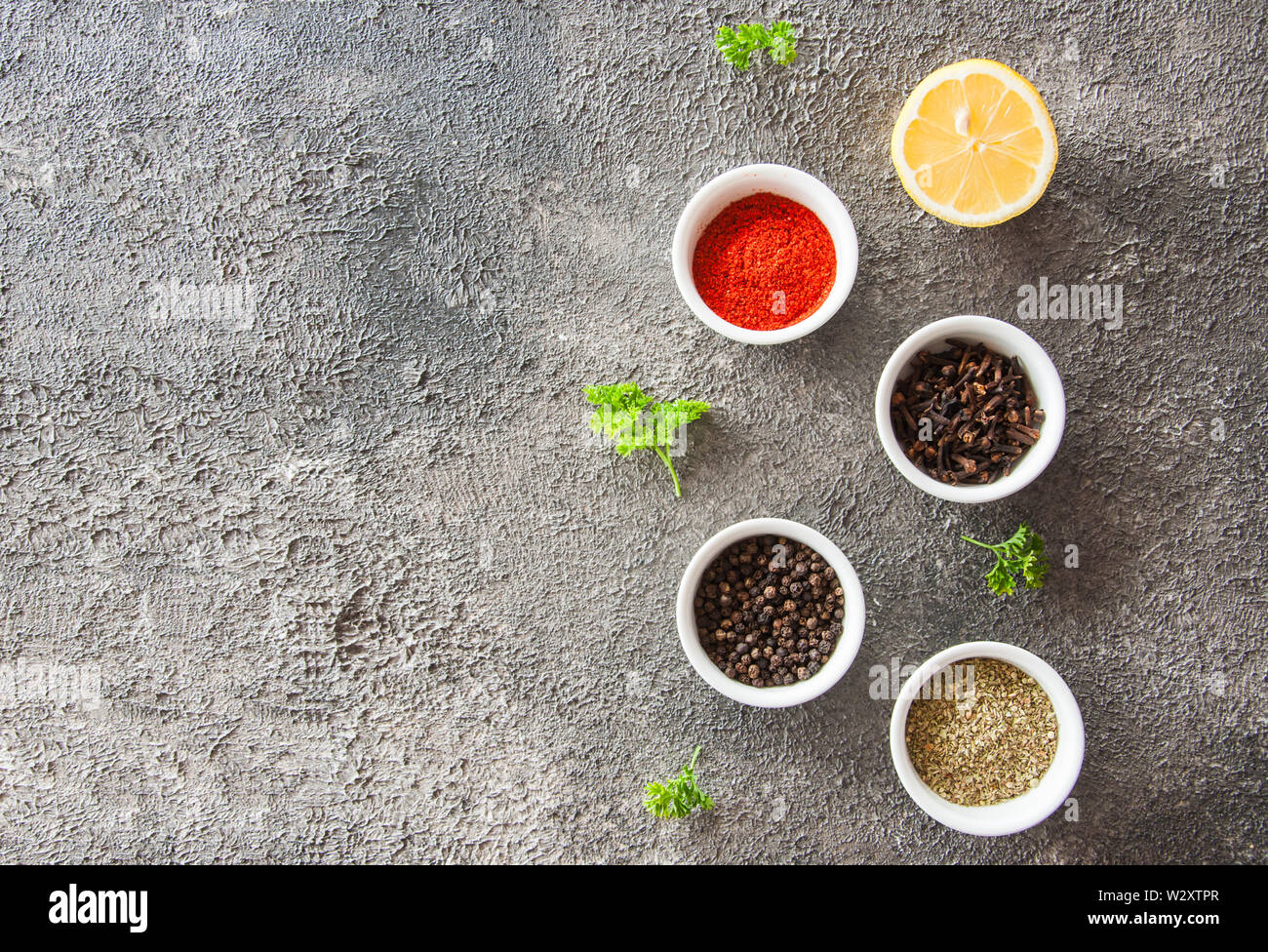 Variety of ground spices. Top view and copy space Stock Photo - Alamy