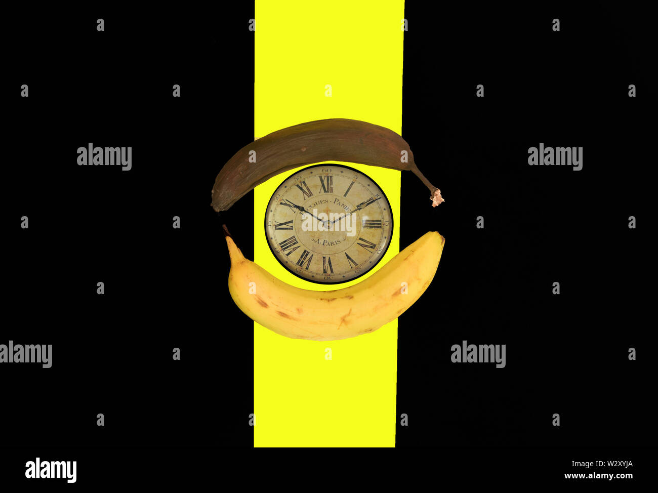 Creative Fresh and Overripe Banana/Clock design on striking yellow and ...