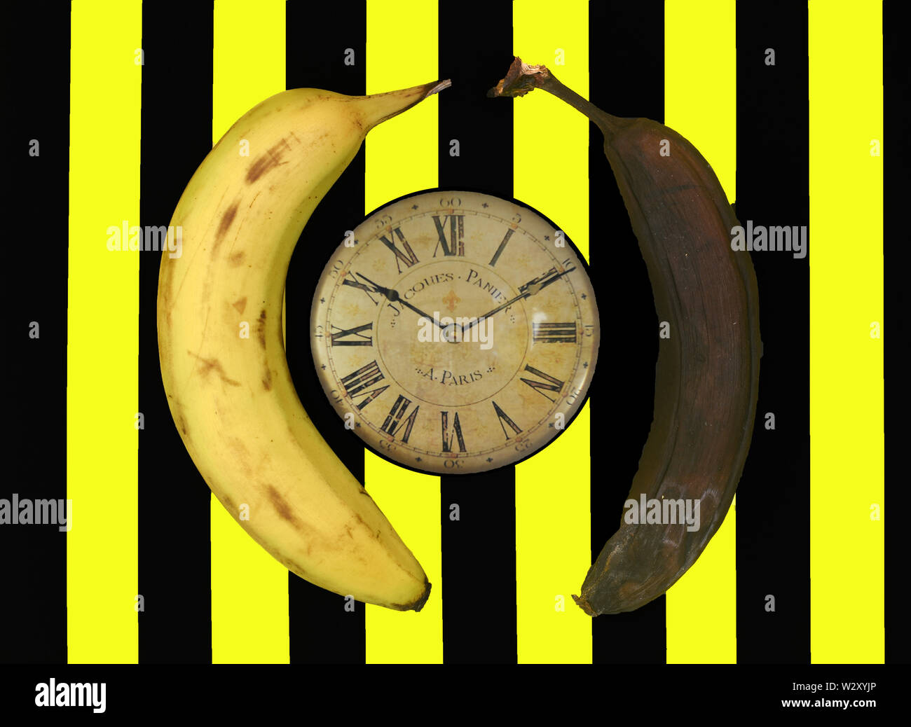 Creative Fresh and Overripe Banana/Clock design on striking yellow and ...