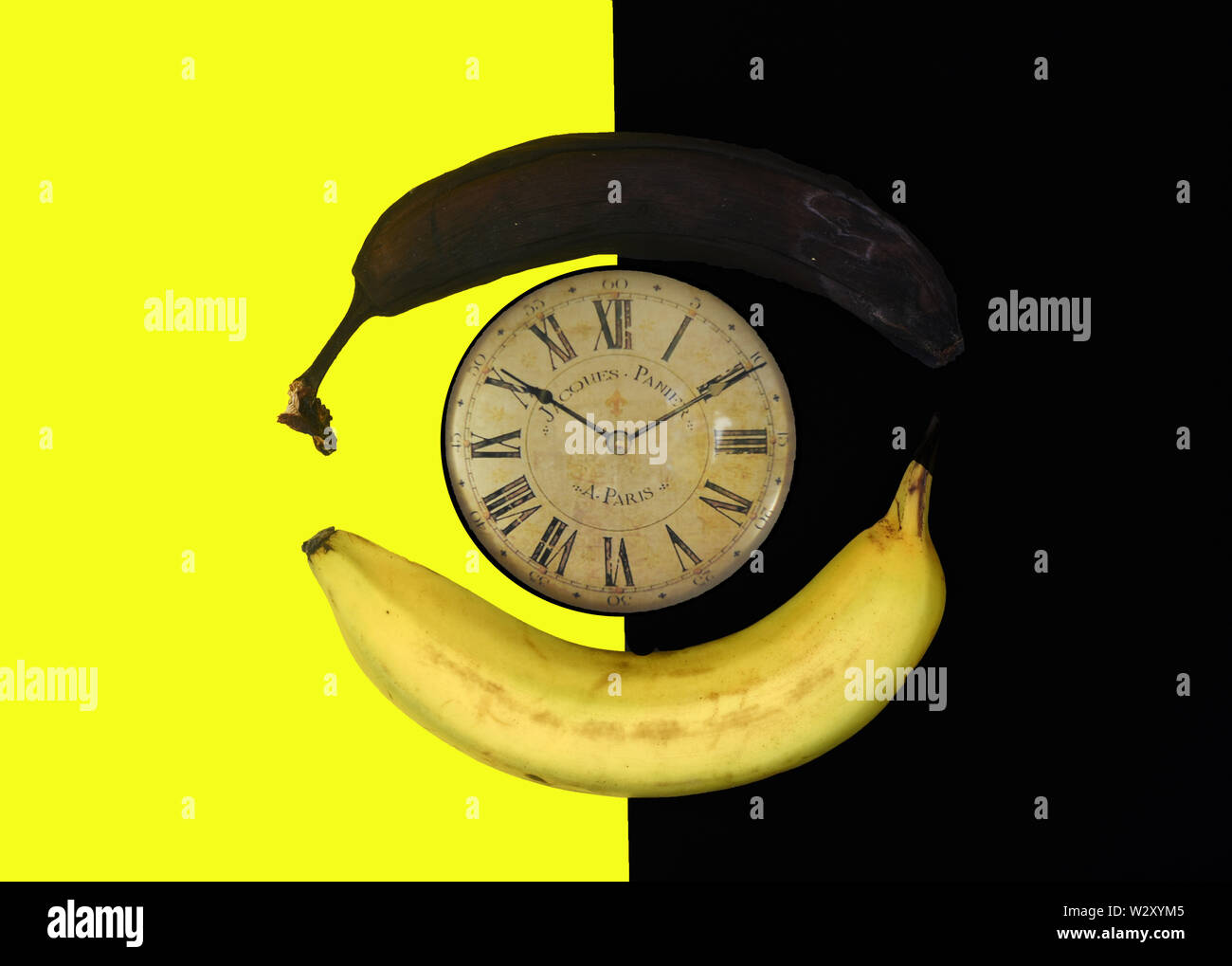 Creative Fresh and Overripe Banana/Clock design on striking yellow and ...