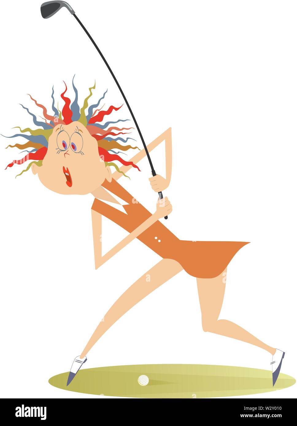 Young golfer woman on the golf course illustration. Cartoon golfer ...