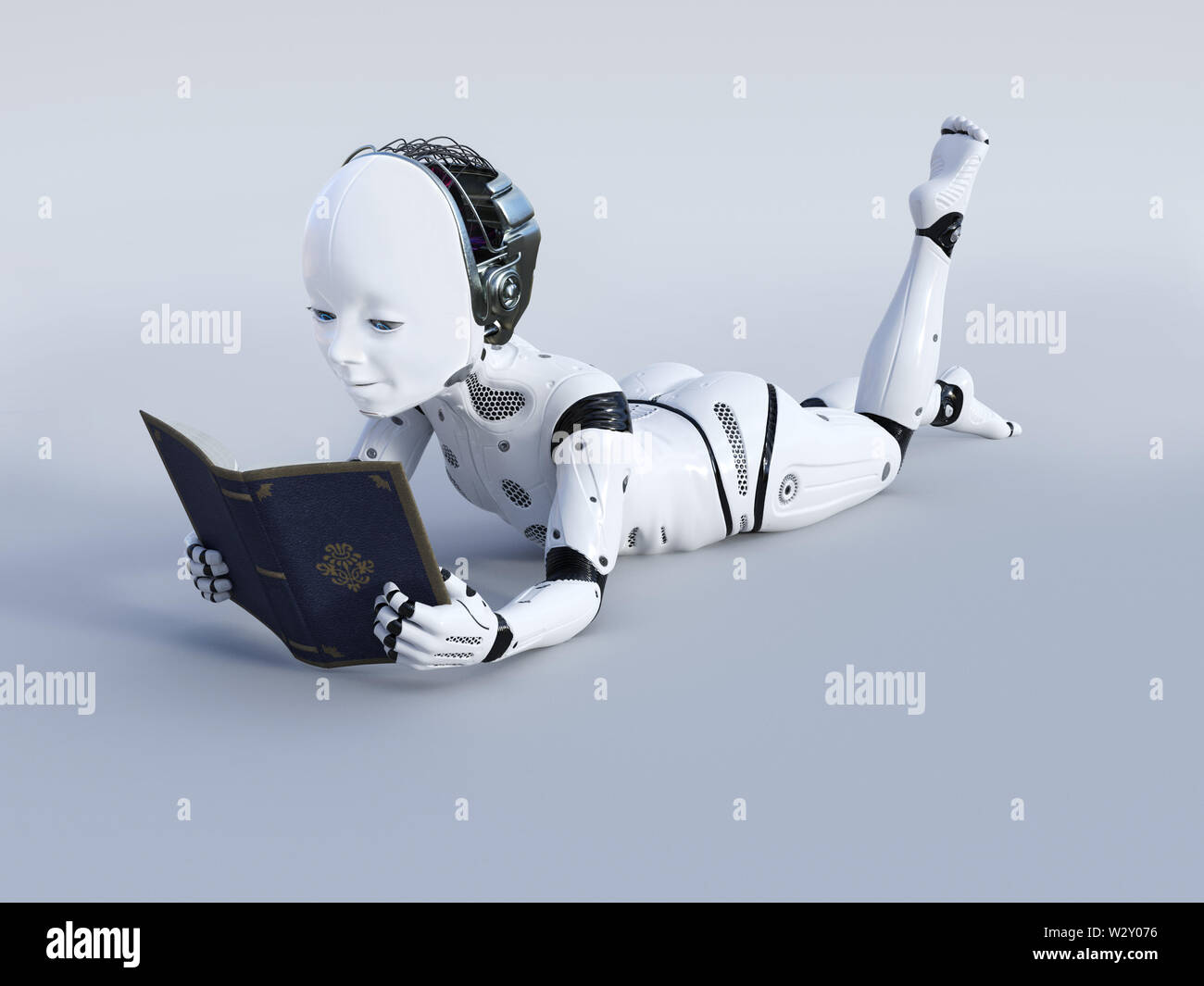 3D rendering of robotic child lying on the floor and reading a book ...